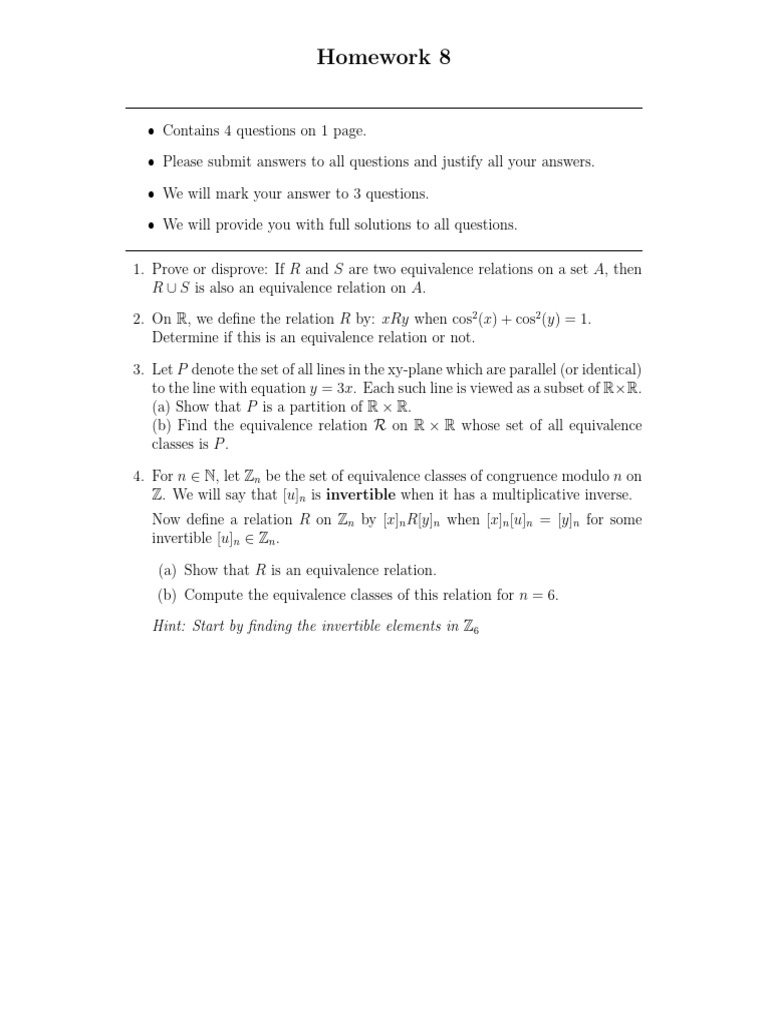 Equivalence Relations Homework Questions | PDF