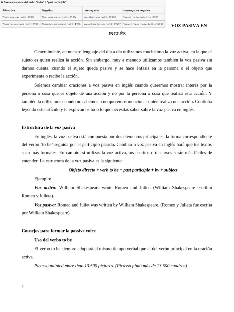 Guía Completa de Voz Pasiva en Inglés | PDF | Verbo | Asunto (gramática)