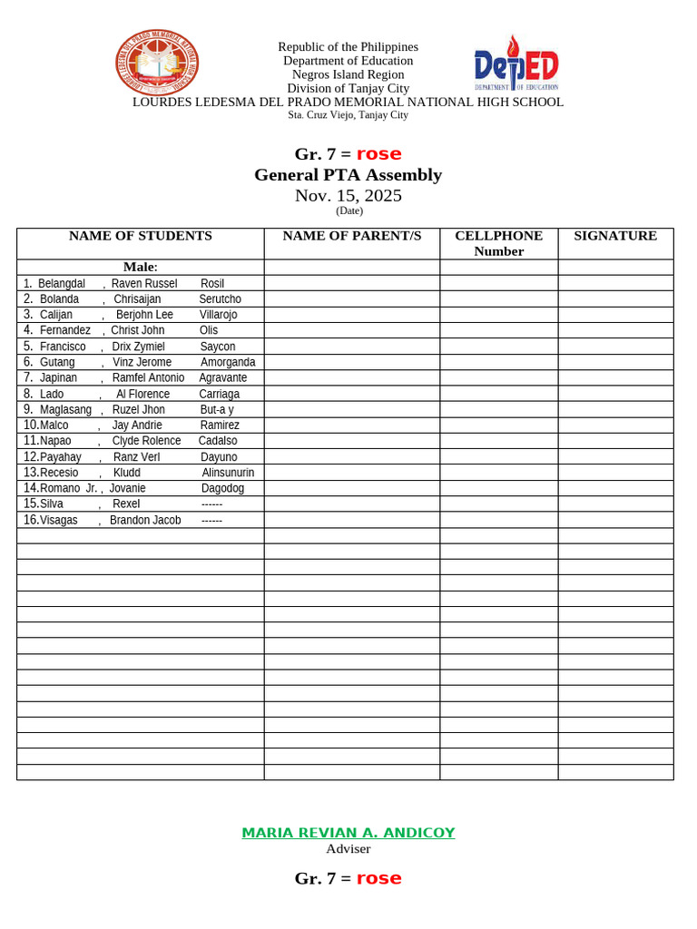 PTA Attendance Sheet | PDF