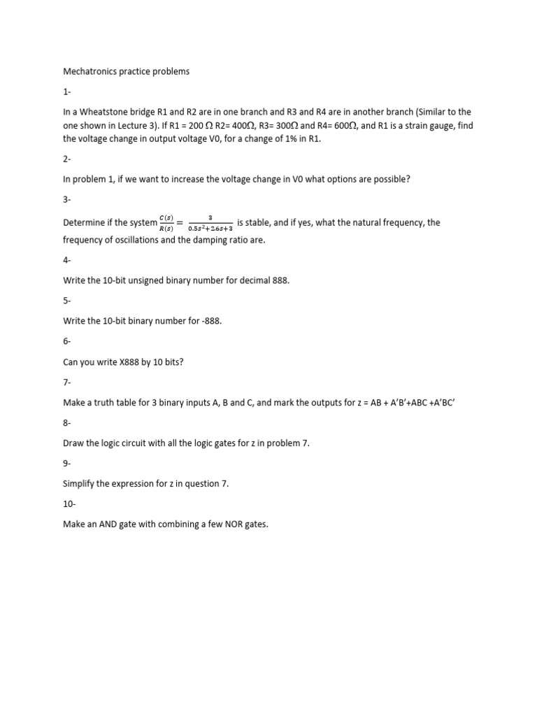 Mechatronics Practice Problems Midterm | PDF