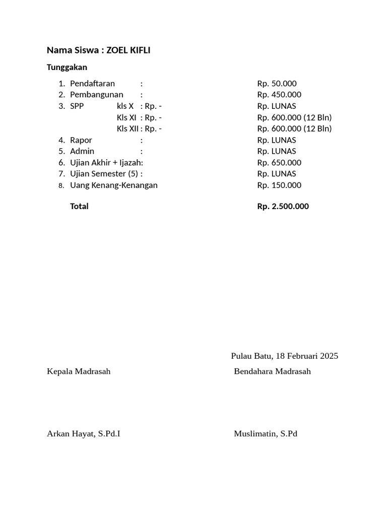 Tunggakan Pembayaran Siswa ZOEL KIFLI | PDF