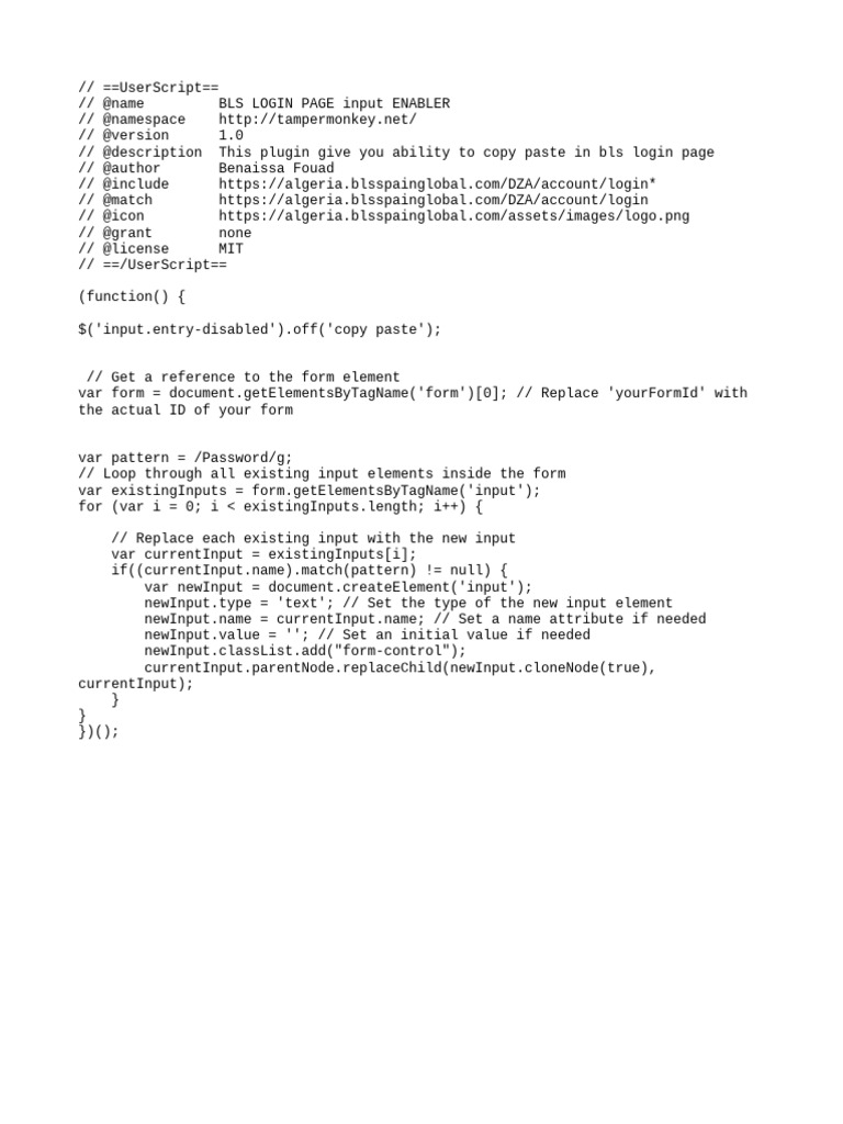 BLS Login Page Input Enabler Script | PDF