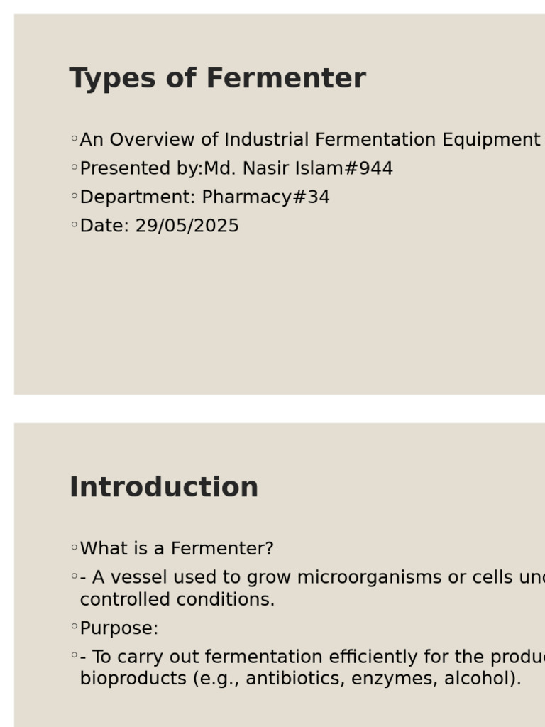 Types of Fermenter Presentation | PDF | Fermentation | Biology