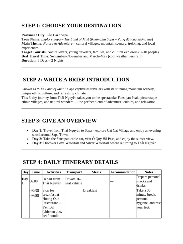 Sapa 3-Day Adventure Itinerary Guide | PDF | Lunch | Meal
