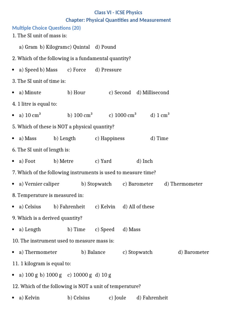 ICSE Physics: Measurement MCQs & Answers | PDF | International System ...