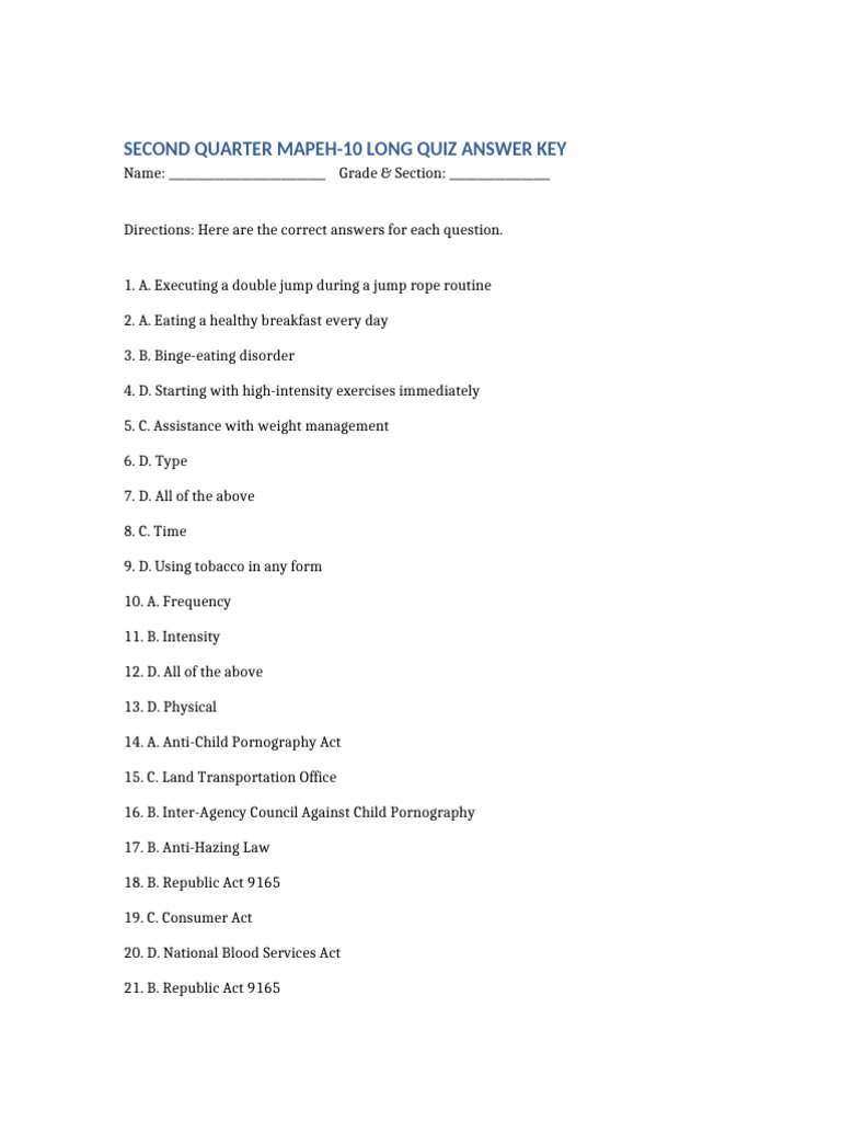MAPEH-10 Long Quiz Answer Key | PDF