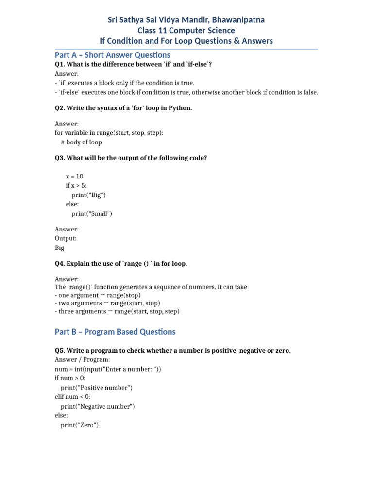 Class 11 Python If & For Loop Q&A | PDF