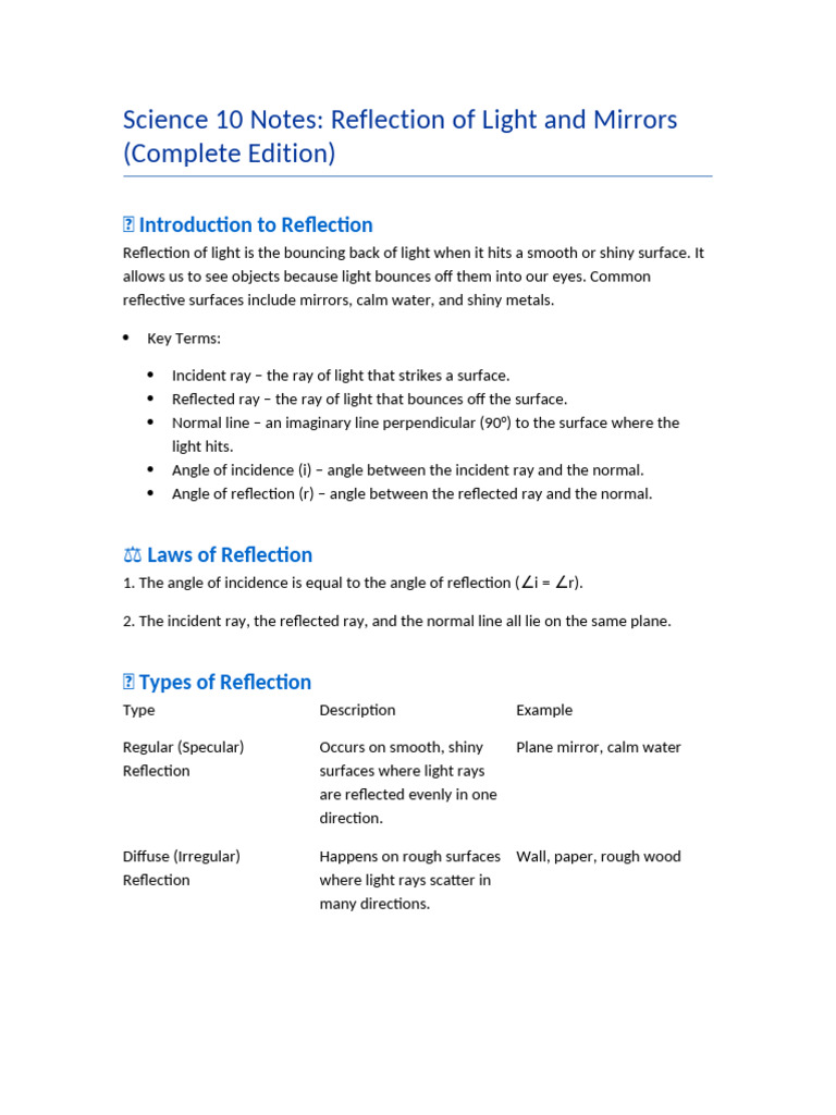Science 10 Notes Reflection Of Light And Mirrors Pdf Reflection