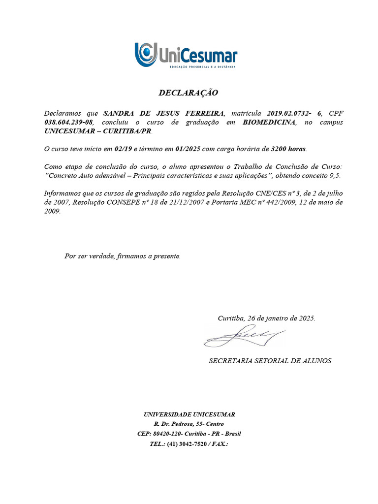 Certificado De Conclusão Unicesumar Pdf