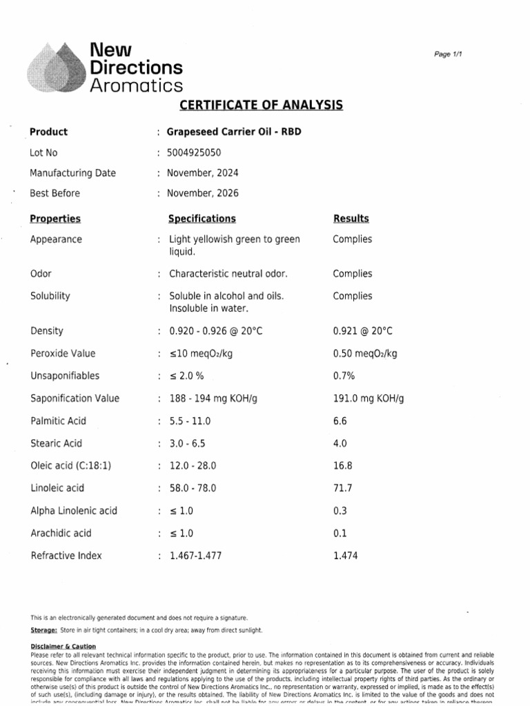 COA - Grapeseed Oil 5004925050 | PDF