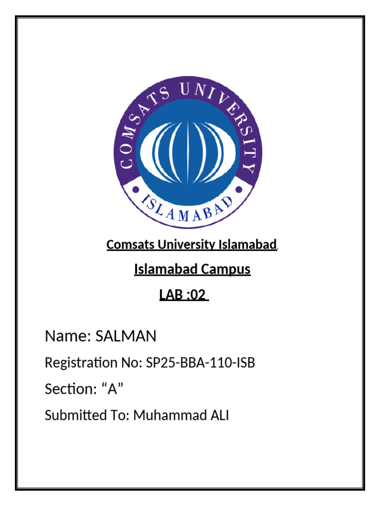 Lab 02 Task 01 Task 02 Salman-sp25bba110 | PDF | Family Planning | Unemployment