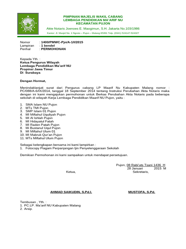 1400 Surat Akta Notaris Lp Maarif Januari 2015 | PDF