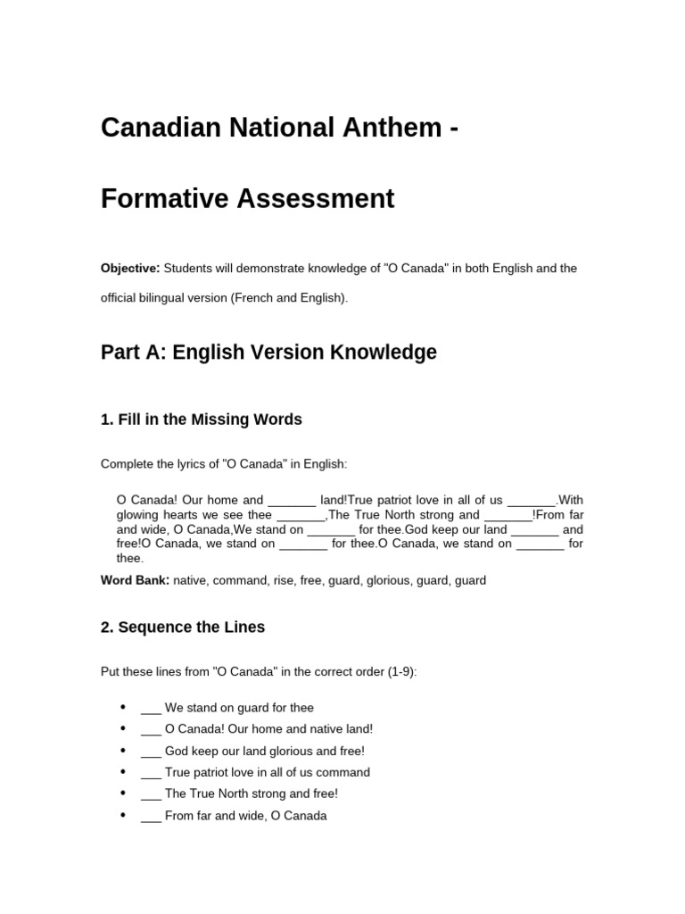 Canadian Anthem Knowledge Assessment | PDF | Linguistics | Human ...