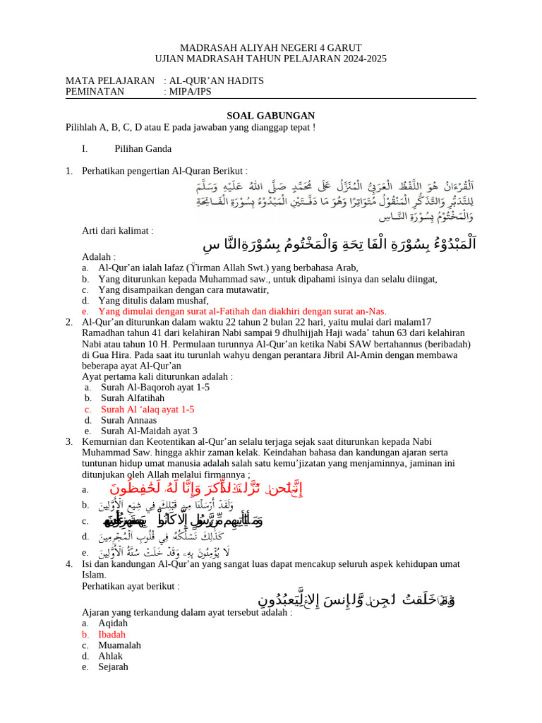 Soal Ujian Al-Qur'an Hadits MAN 4 Garut | PDF