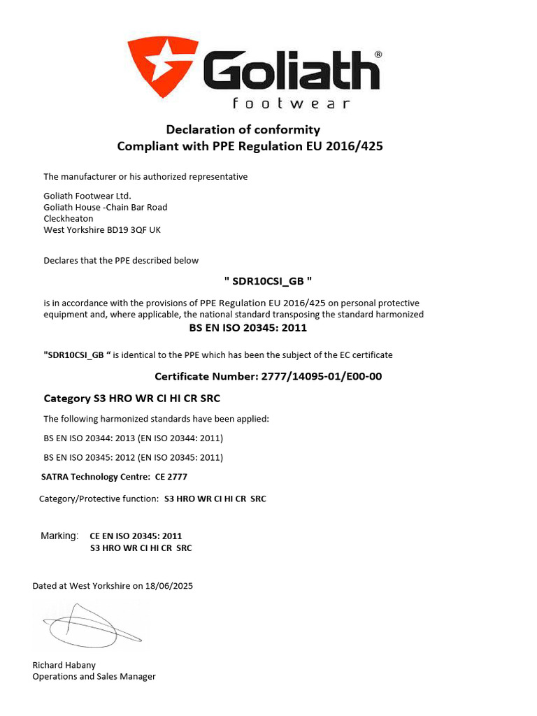 Goliath Declaration of Conformity SDR10CSI GB CE2777 | PDF