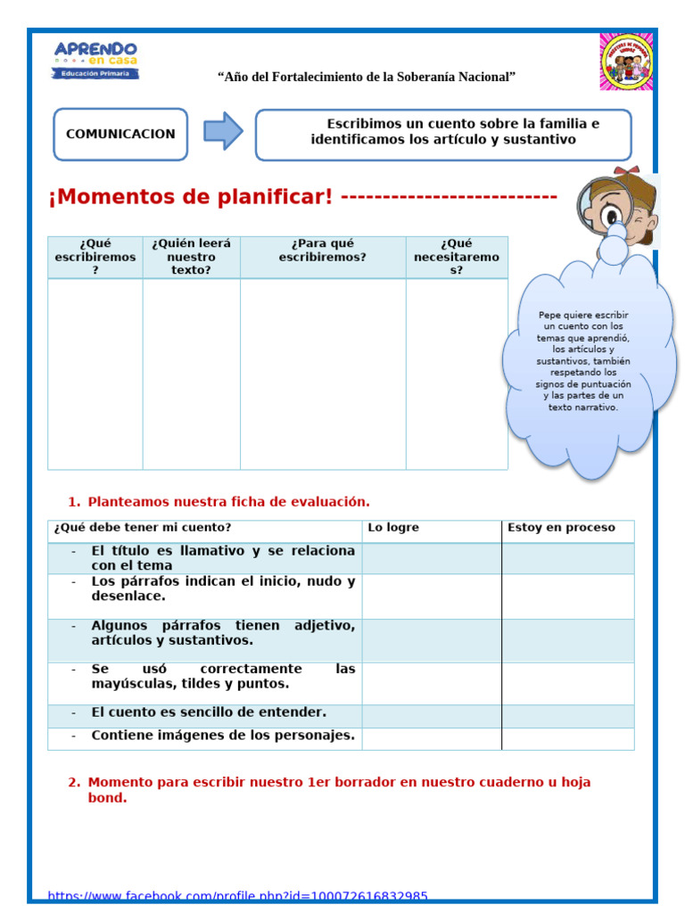 IV ACT. COMU VIERNES 13 Escribimos un cuento sobre la familia e identificamos los artículo y ...