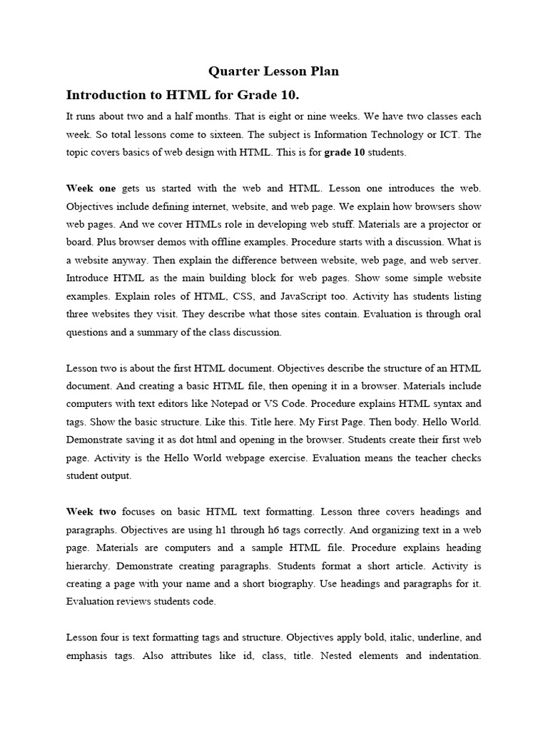 Grade 10 HTML Lesson Plan Overview | PDF | Html | World Wide Web