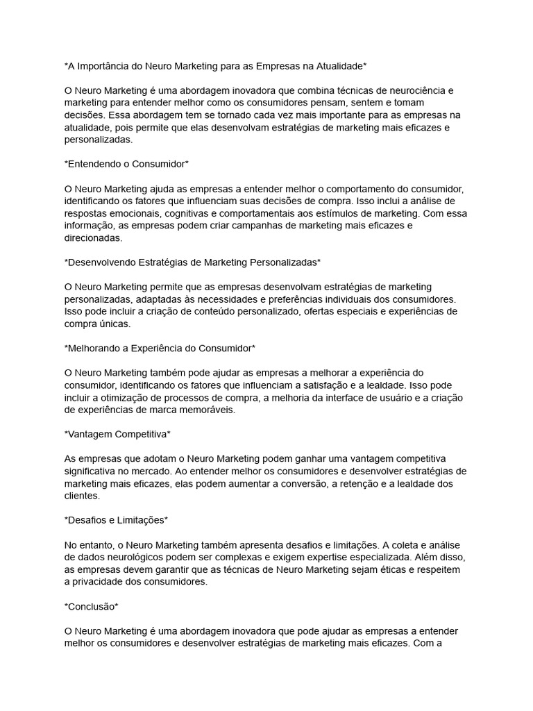 A Importância Do Neuro Marketing para As Empresas Na Atualidade | PDF | Marketing | Vantagem ...