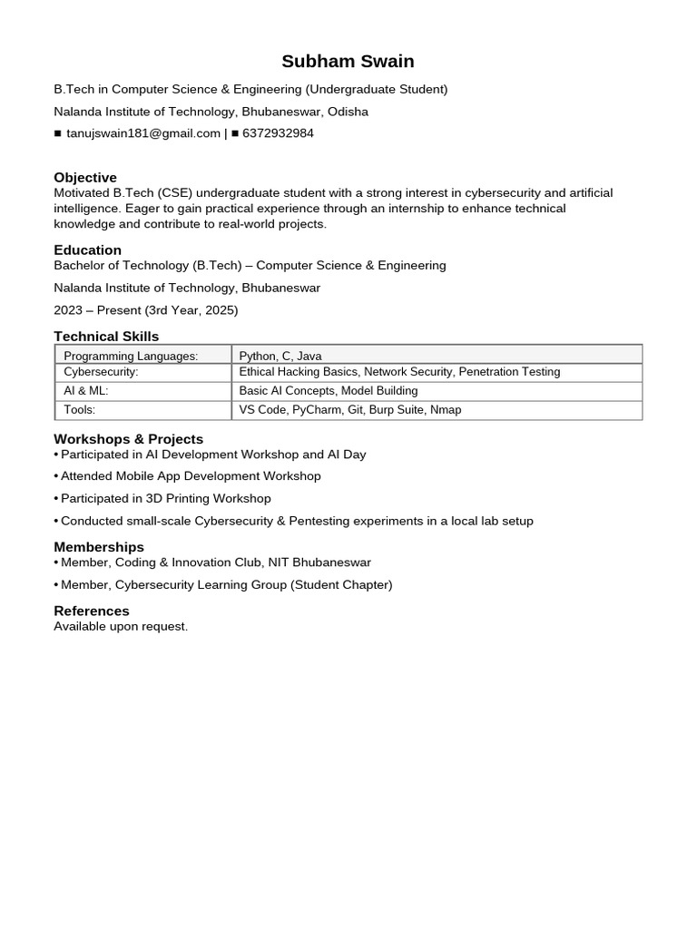 B.Tech CSE Student Focused on Cybersecurity | PDF