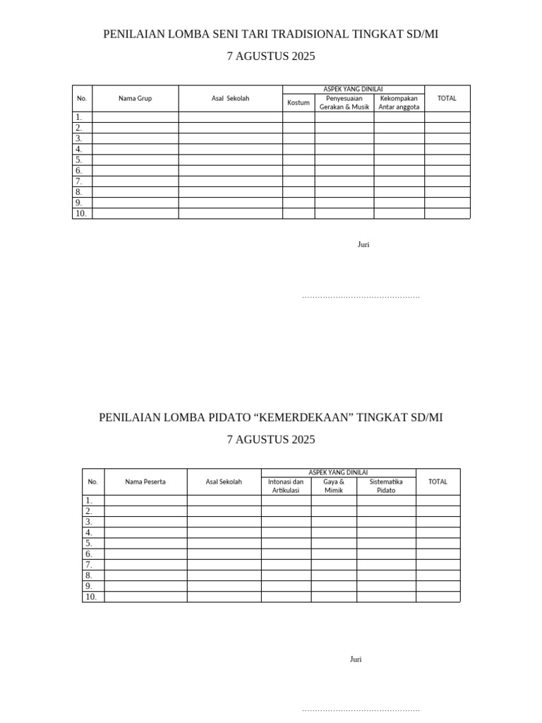 Penilaian Lomba Seni Dan Pidato Sd Mi Pdf