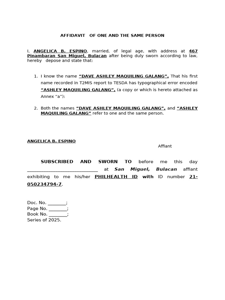 Affidavit of One and The Same Person (First Name) | PDF