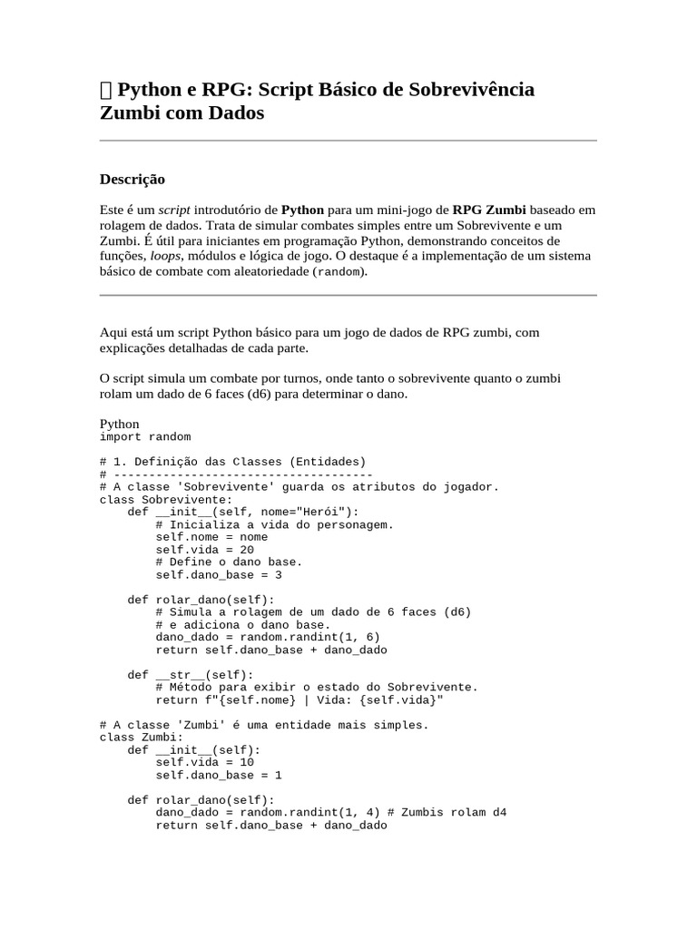 Python e RPG: Script Básico de Sobrevivência Zumbi com Dados | PDF | Python (linguagem de ...