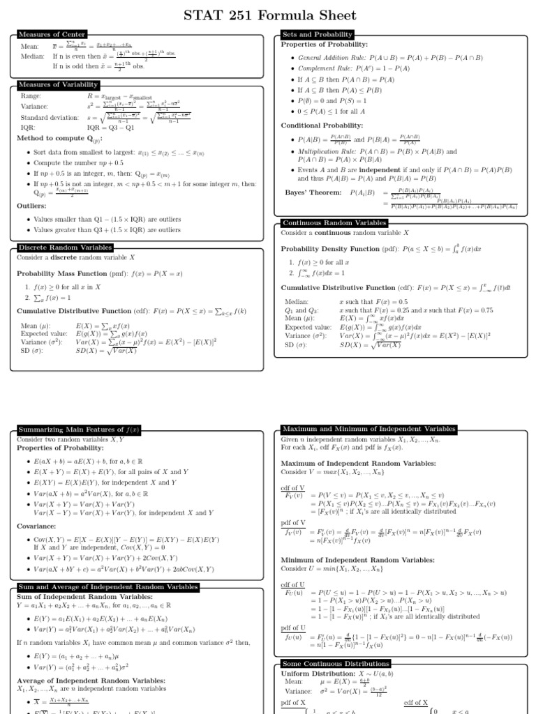 Statistics Formula Sheet | PDF | Estimator | Errors And Residuals