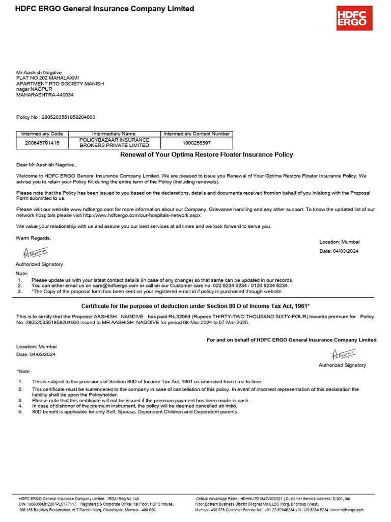 HDFC ERGO Optima Restore Policy Renewal | PDF | Obesity | Insurance