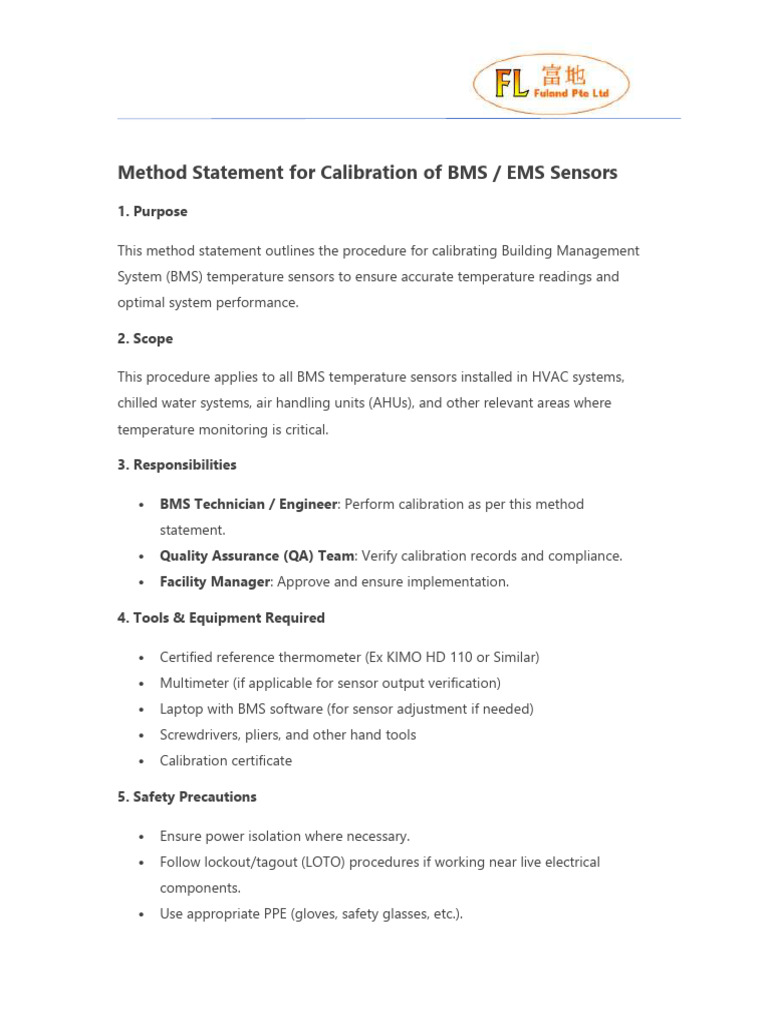 BMS Sensor Calibration Method Statement | PDF | Calibration | Sensor