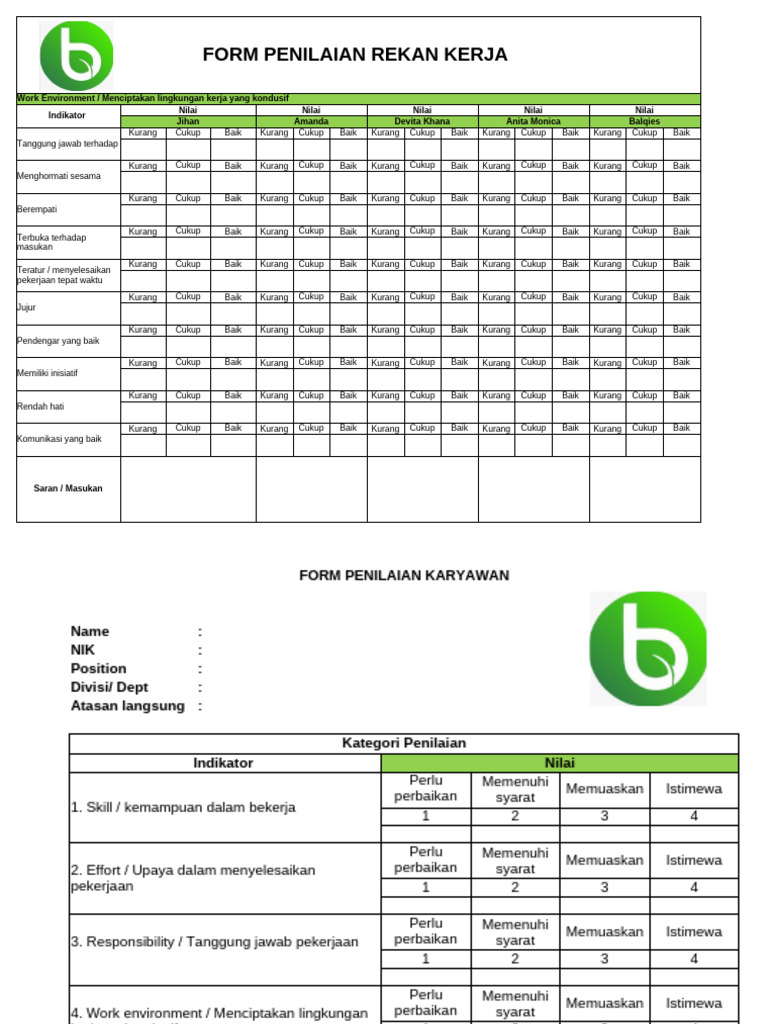 Form Penilaian Karyawan dan Rekan Kerja | PDF