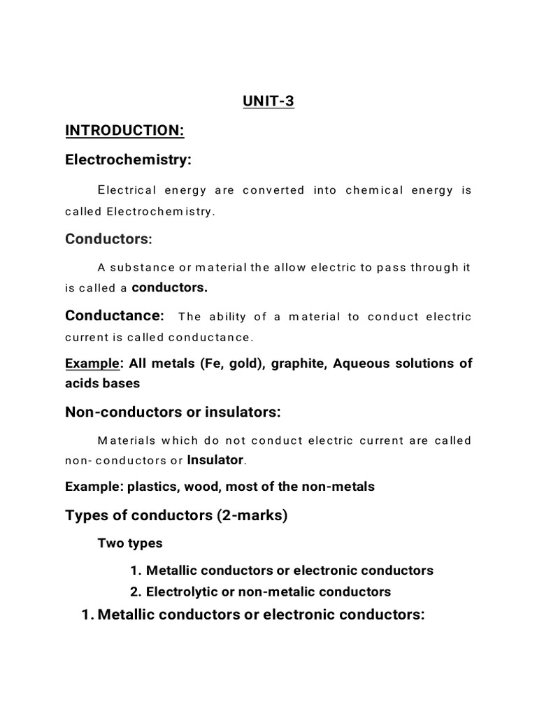 UNIT-3 Electrochemistry:: Conductors | PDF | Redox | Electrochemistry
