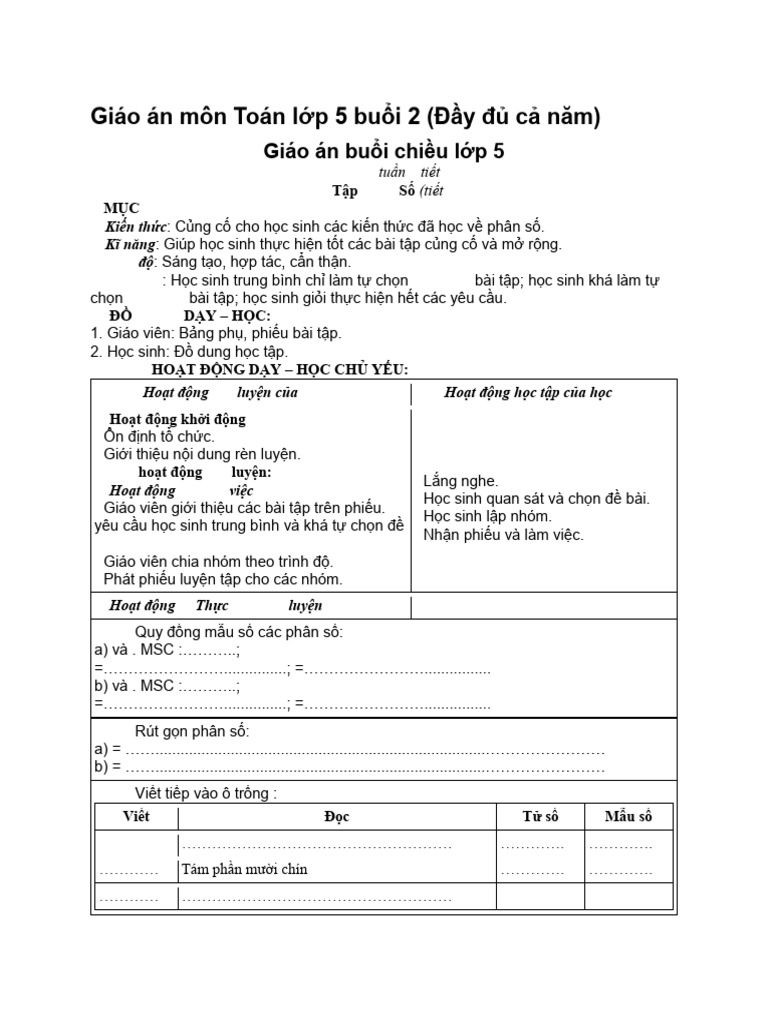 Giao An Mon Toan Lop 5 Buoi 2 Day Du CA Nam 151462 | PDF