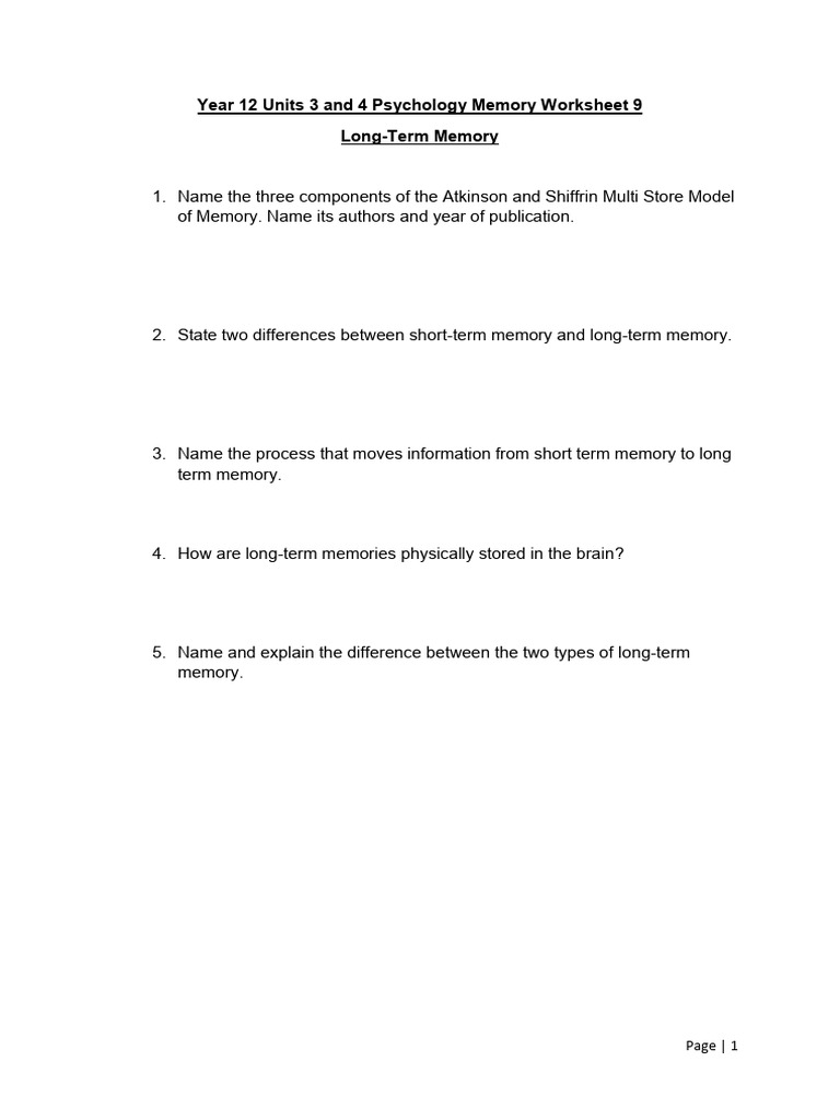 Year 12 Psychology Memory Worksheet 9 | PDF