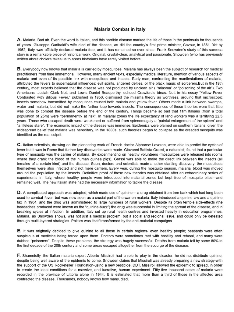 VT - Mod - Reading - Malaria Combat in Italy Reading p3 | PDF | Malaria