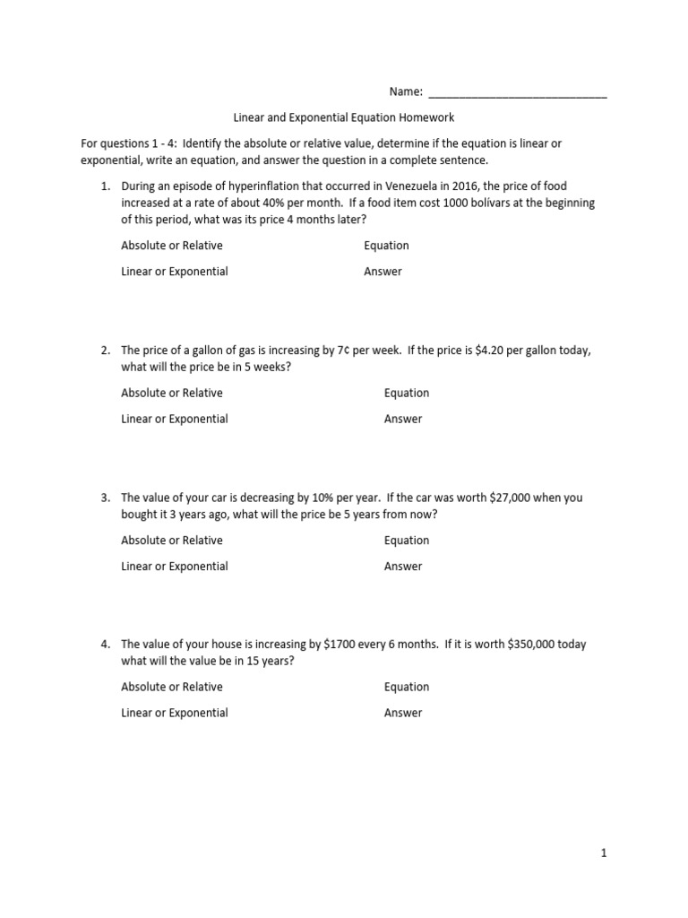 Linear and Exponential Equations Homework | PDF | Cost Of Living ...
