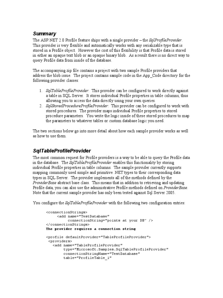 Sample Profile Providers (Table and Stored Procedure Based) | PDF | Microsoft Sql Server ...