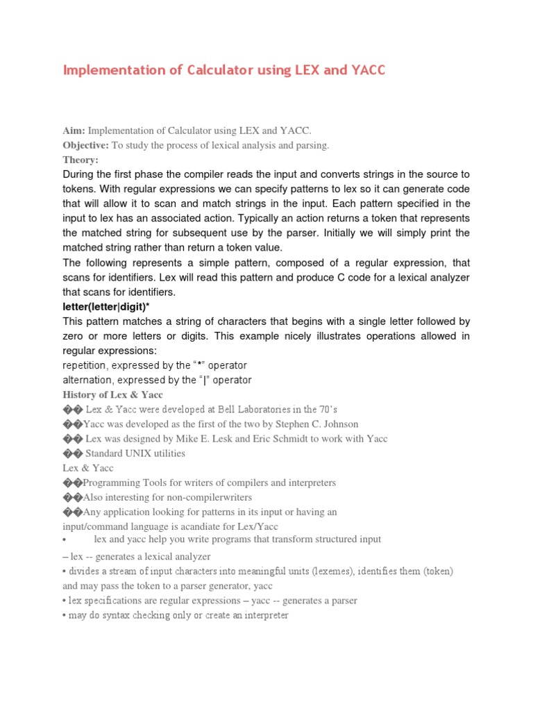 Implementation of Calculator Using LEX and YACC | PDF | Parsing | Regular Expression
