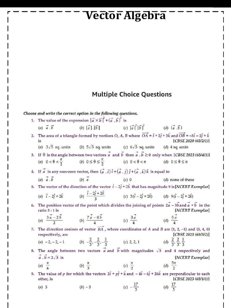 Vector Algebra MCQ Cl.12 | PDF