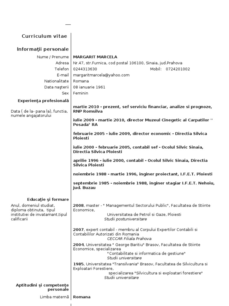 Model CV Curriculum Vitae European Romana | PDF