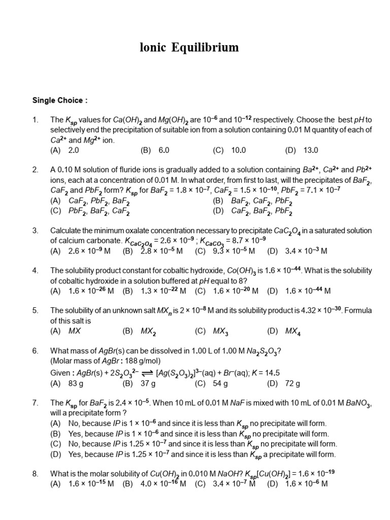 Ionic Eqm 7 Q | PDF | Hydroxide | Solubility