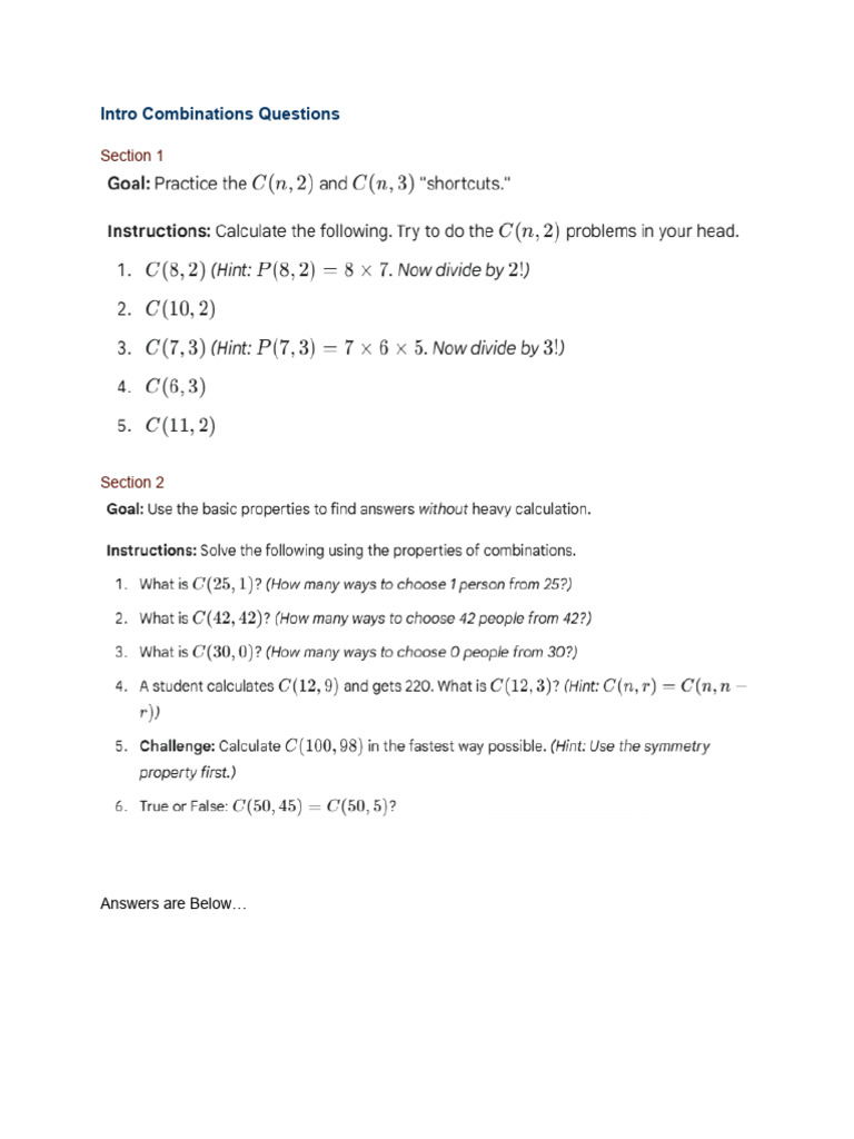 Intro Combinations Questions | PDF