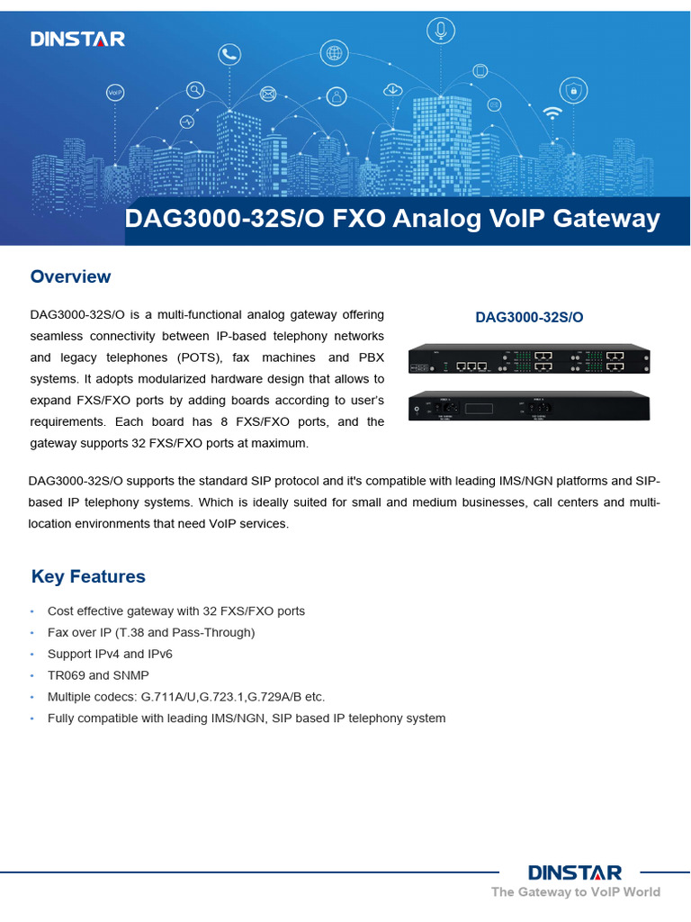 DAG3000-32 FXS FXO Analog VoIP Gateway Datasheet | PDF | Voice Over Ip | Session Initiation Protocol