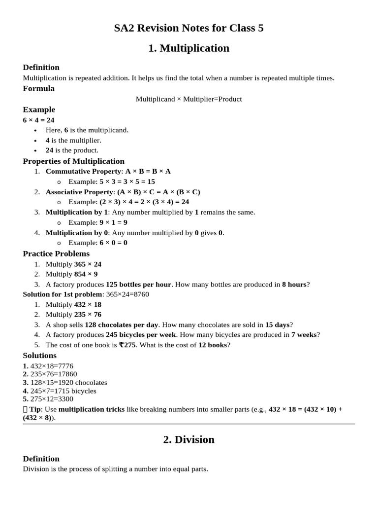 Class 5 Math Revision Notes | PDF | Multiplication | Division (Mathematics)