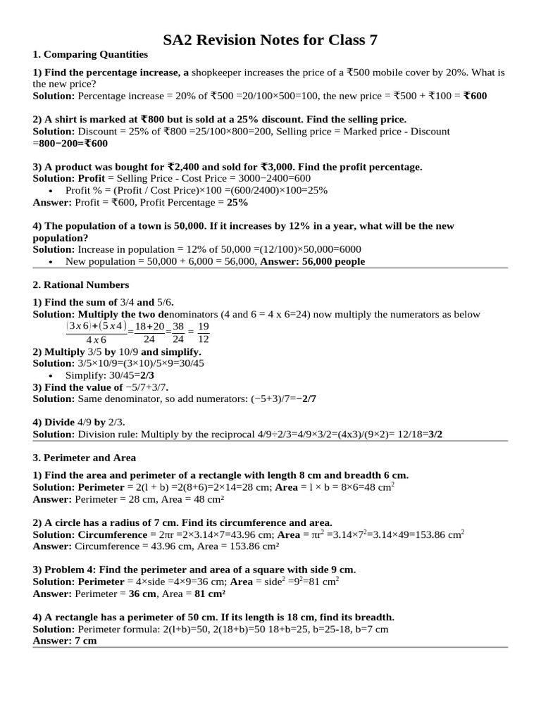 Class 7 SA2 Revision Notes | PDF | Area | Triangle