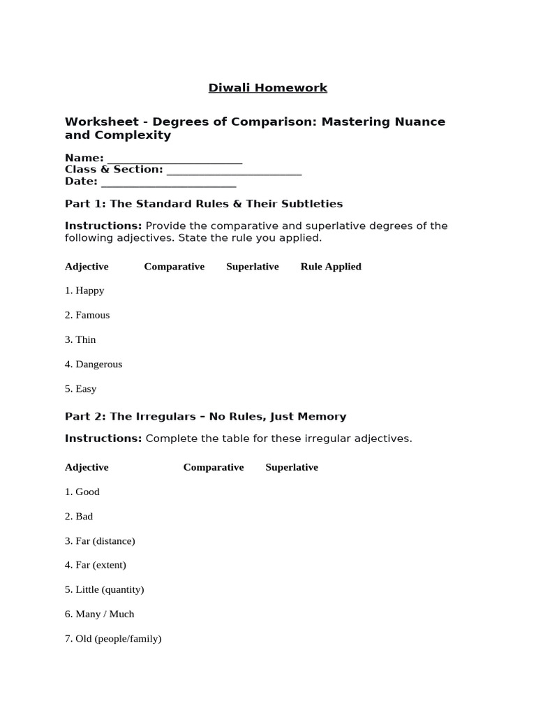 Diwali Homework: Degrees of Comparison Worksheet | PDF