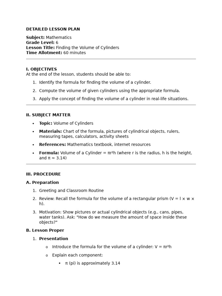 DETAILED LESSON PLAN For Math | PDF | Volume | Pi