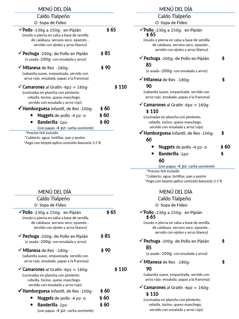 Menú del Día: Platos Mexicanos Variados | PDF | ensalada | Sopa
