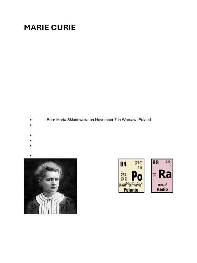 Marie Curie: Key Facts 1867 1891 1894 1898 1903 1934 | PDF