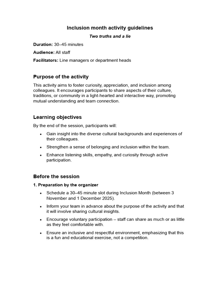 Inclusion Month: Two Truths Activity Guide | PDF | Psychology | Human ...