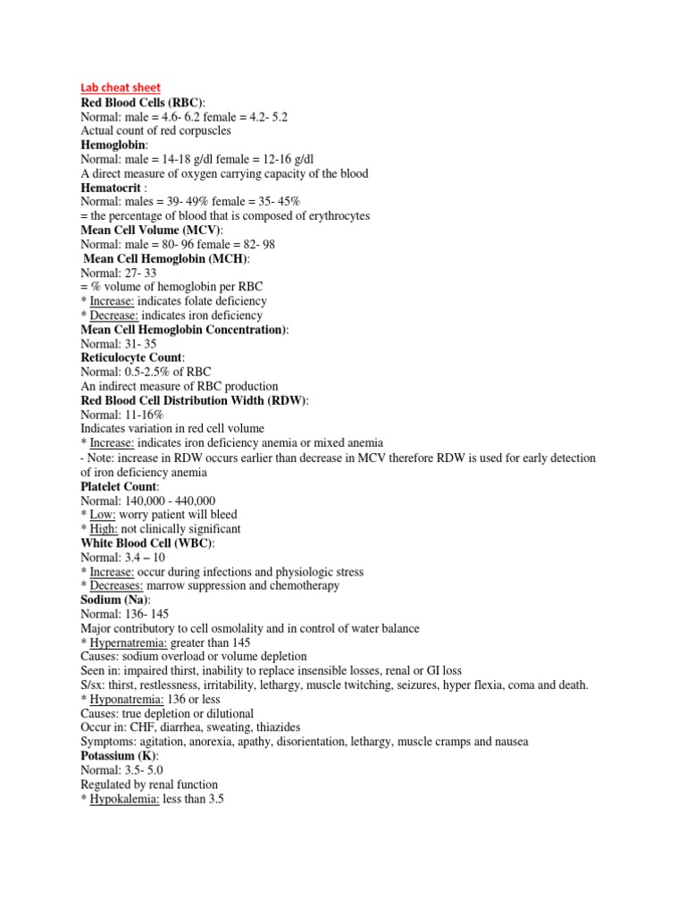 Lab Cheat Sheet | PDF | Anemia | Red Blood Cell